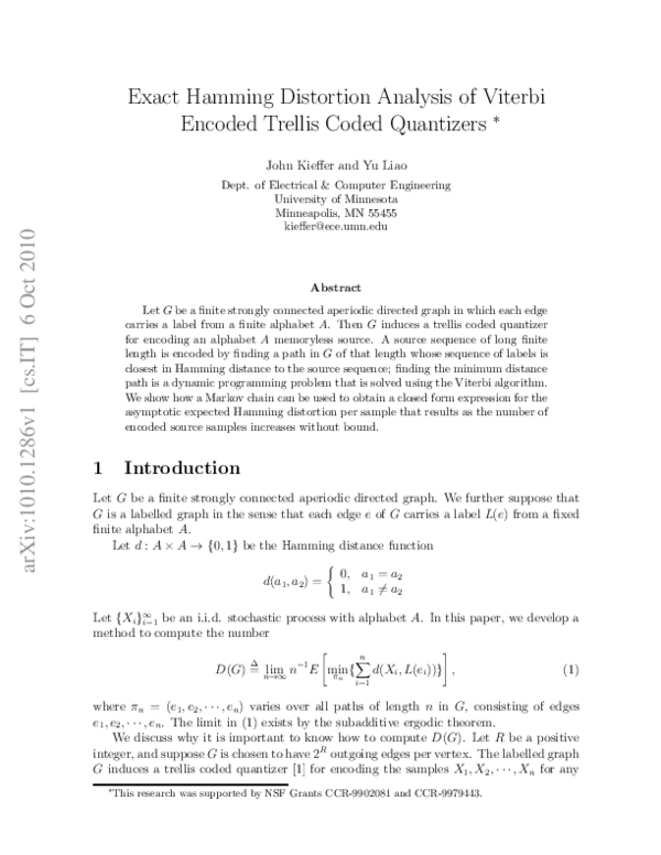 Exact Hamming Distortion Analysis Of Viterbi Encoded Trellis Coded Quantizers ∗