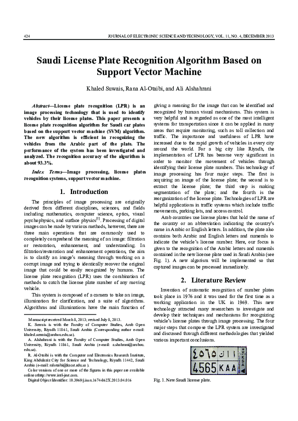 (PDF) Saudi License Plate Recognition Algorithm Based on Support Vector Machine