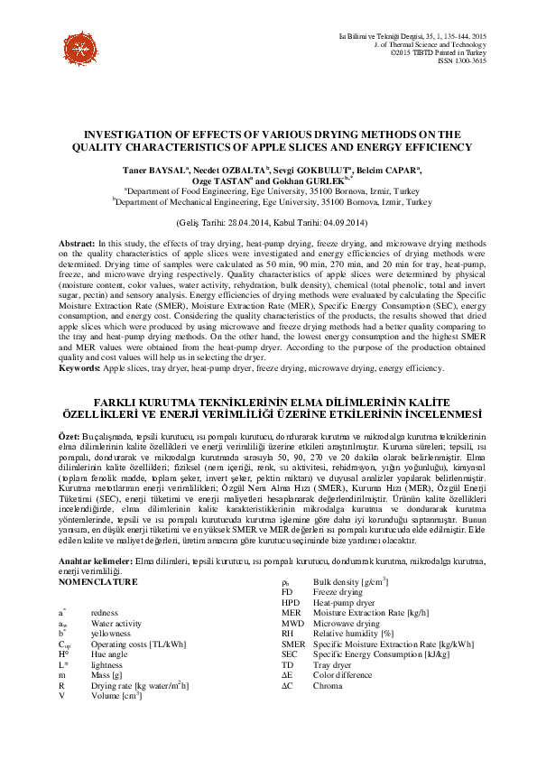 (PDF) Investigation of Effects of Various Drying Methods on the Quality Characteristics of Apple ...
