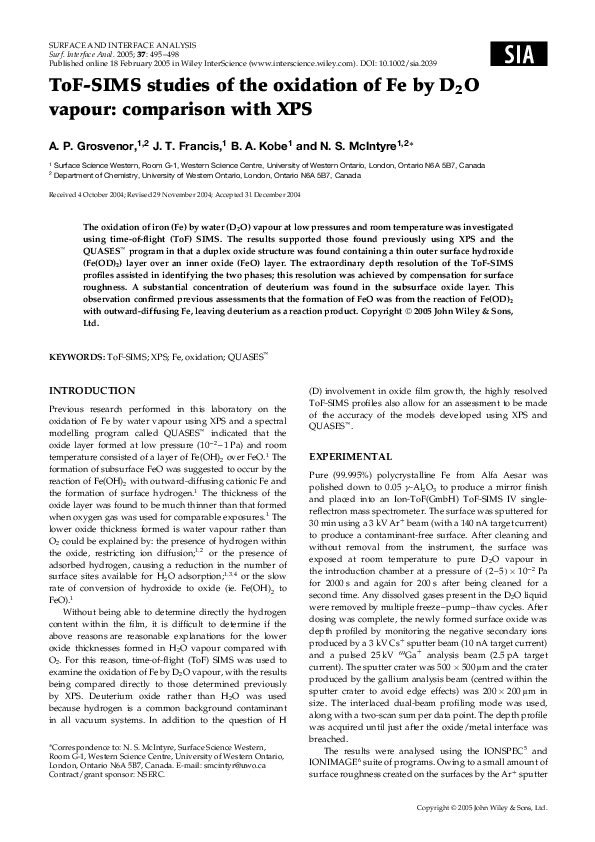 (PDF) ToF-SIMS studies of the oxidation of Fe by D2O vapour: comparison ...