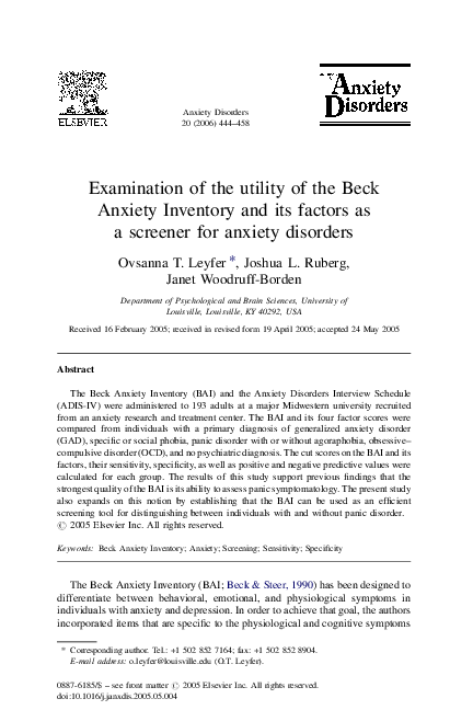 (PDF) Examination of the utility of the Beck Anxiety Inventory and its ...