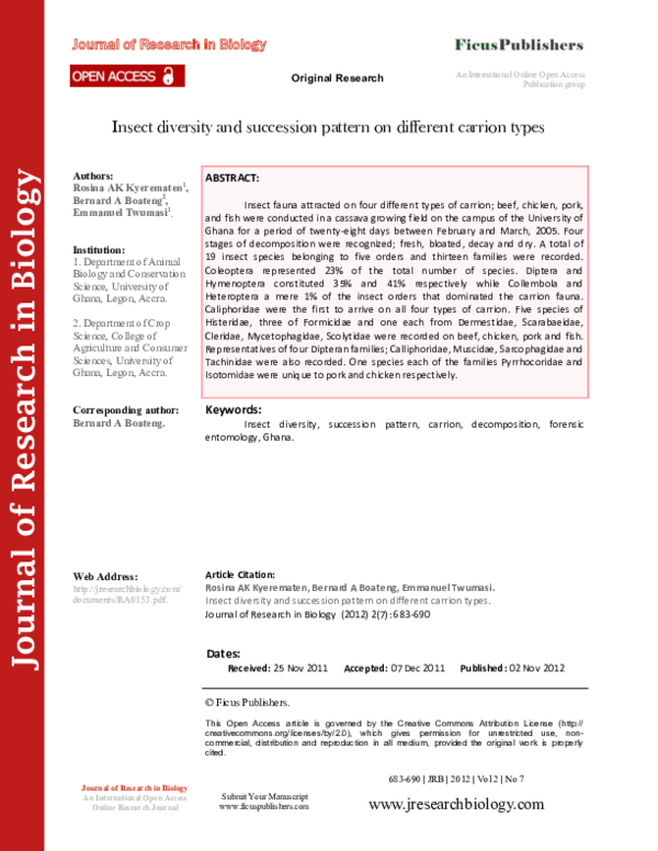 (PDF) Insect diversity and succession pattern on different carrion types