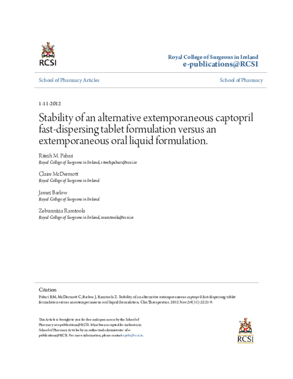 (PDF) Stability of an Alternative Extemporaneous Captopril Fast ...