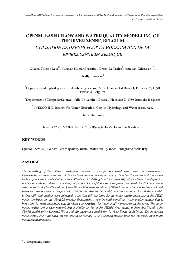 (PDF) OpenMI Based Flow and Water Quality Modelling of the River Zenne