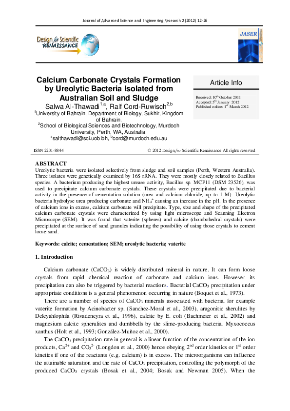 (PDF) Calcium Carbonate Crystals Formation by Ureolytic Bacteria ...