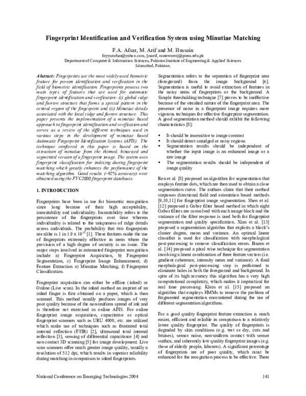 (PDF) Fingerprint identification and verification system using minutiae matching