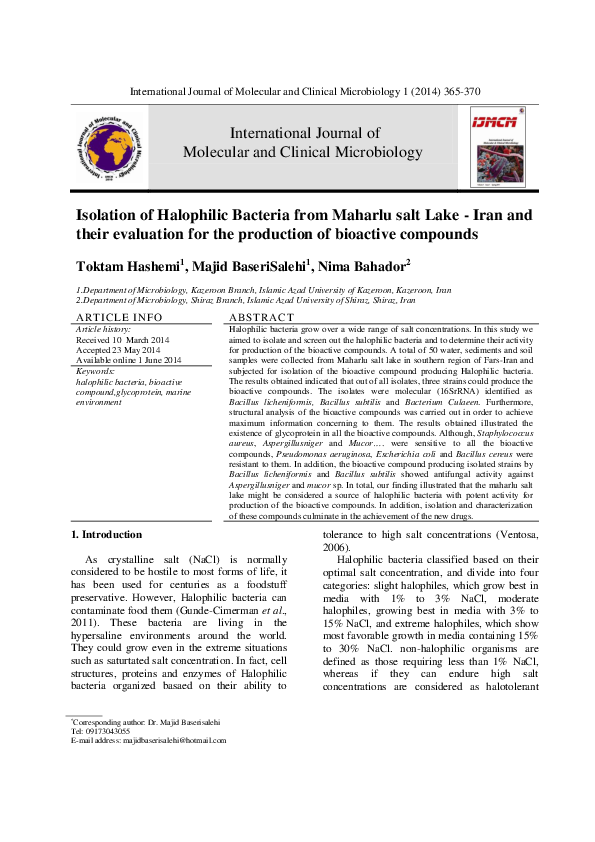 (PDF) Isolation of Halophilic Bacteria from Maharlu salt Lake -Iran and ...
