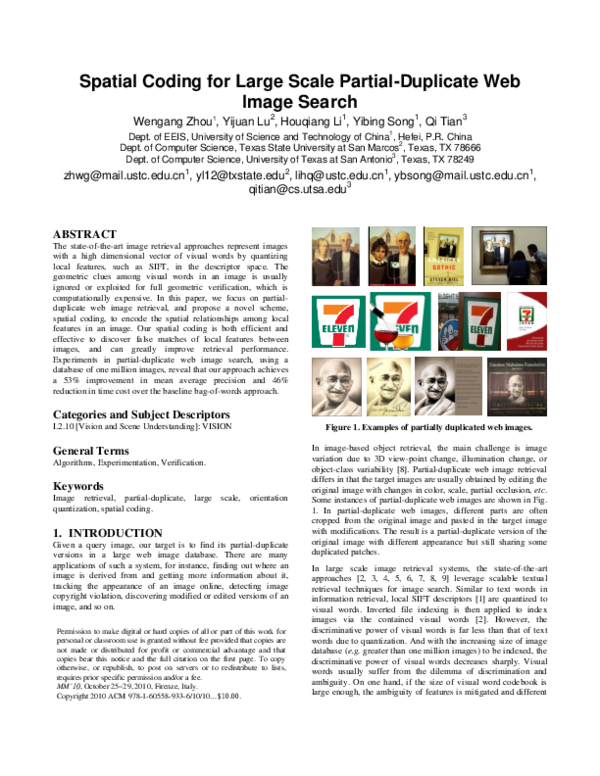 (PDF) Spatial coding for large scale partial-duplicate web image search