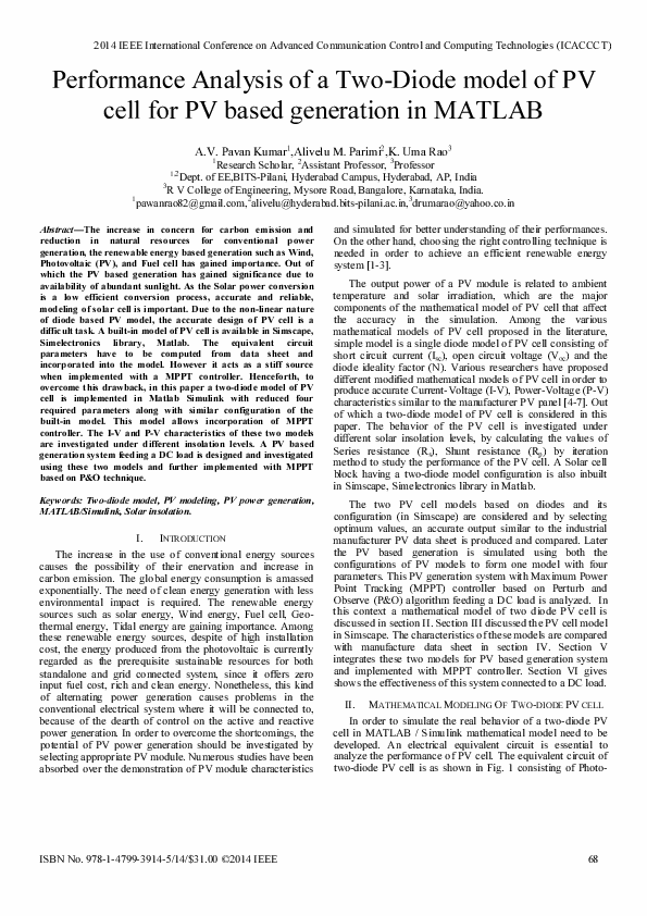 Pdf Performance Analysis Of A Two Diode Model Of Pv Cell For Pv Based Generation In Matlab