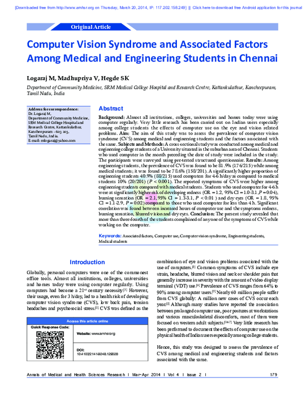 (PDF) Computer vision syndrome and associated factors among medical and ...