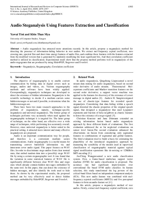 (PDF) Audio Steganalysis Using Features Extraction and Classification