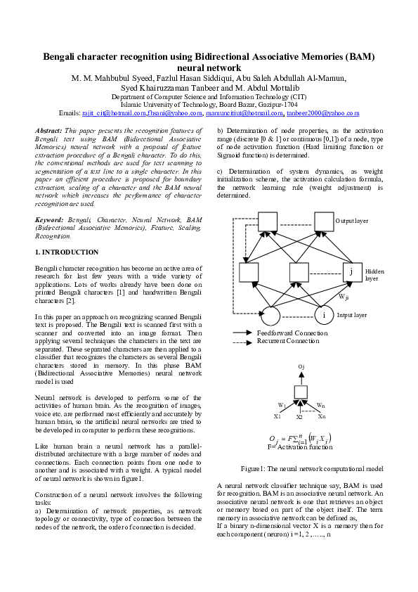 (PDF) Bengali character recognition using Bidirectional Associative ...