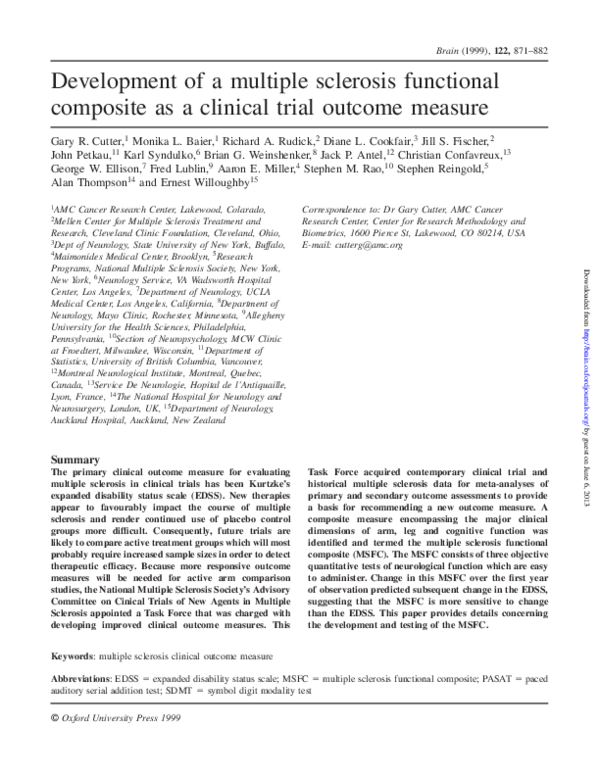 (PDF) Development of a multiple sclerosis functional composite as a clinical trial outcome measure