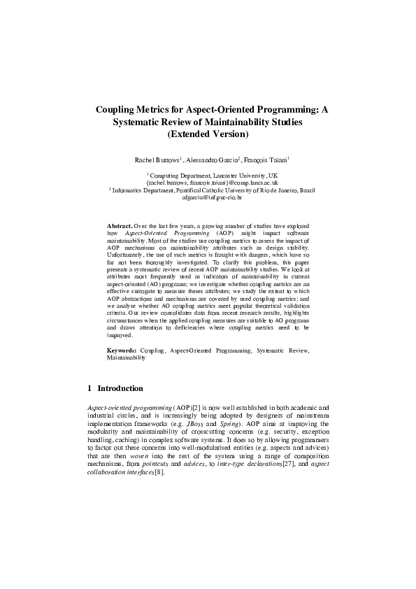Pdf Coupling Metrics For Aspect Oriented Programming A Systematic Review Of Maintainability