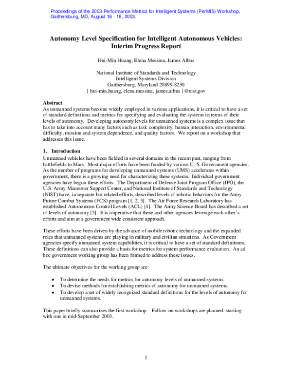 (PDF) Autonomy Level Specification for Intelligent Autonomous Vehicles