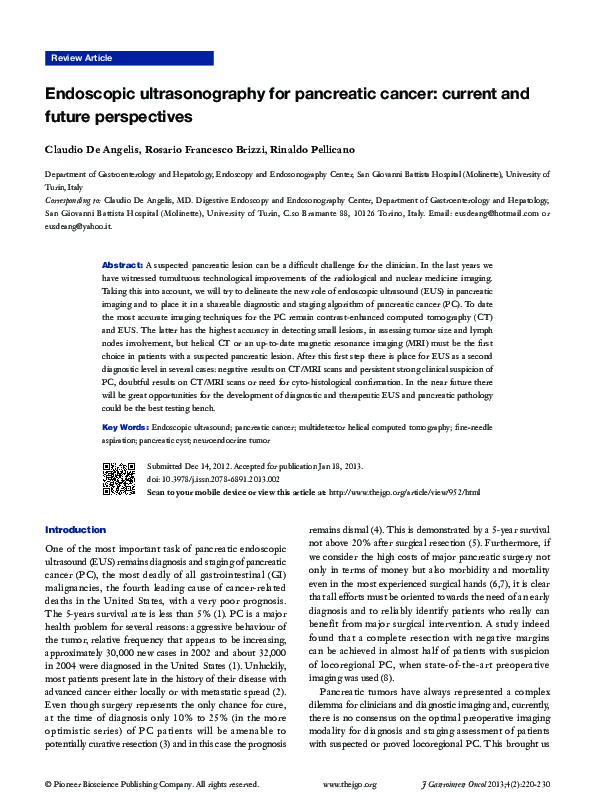 (PDF) Endoscopic ultrasonography for pancreatic cancer: current and future perspectives