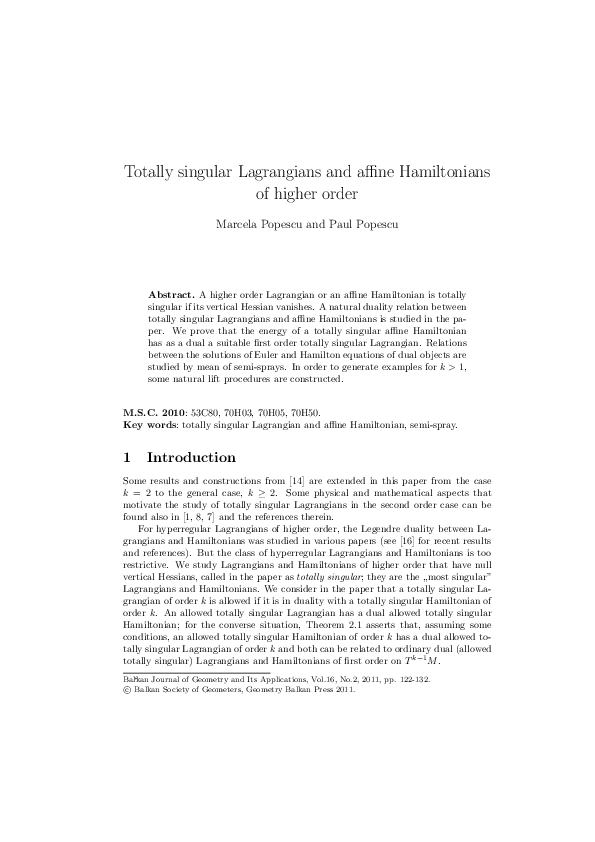 Pdf Totally Singular Lagrangians And Affine Hamiltonians Of Higher Order