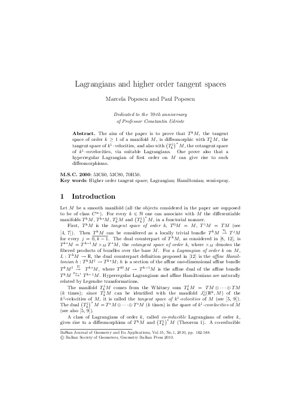 Pdf Lagrangians And Higher Order Tangent Spaces