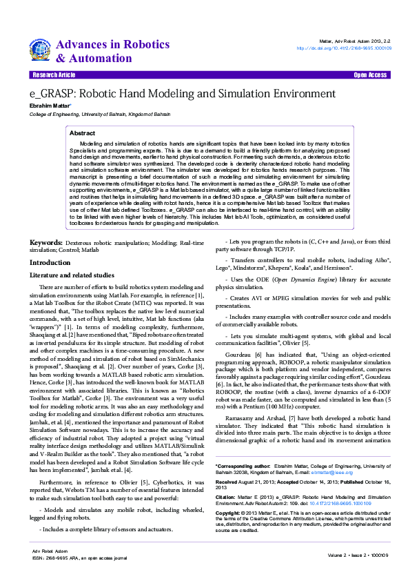 (PDF) e_GRASP: Robotic Hand Modeling and Simulation Environment