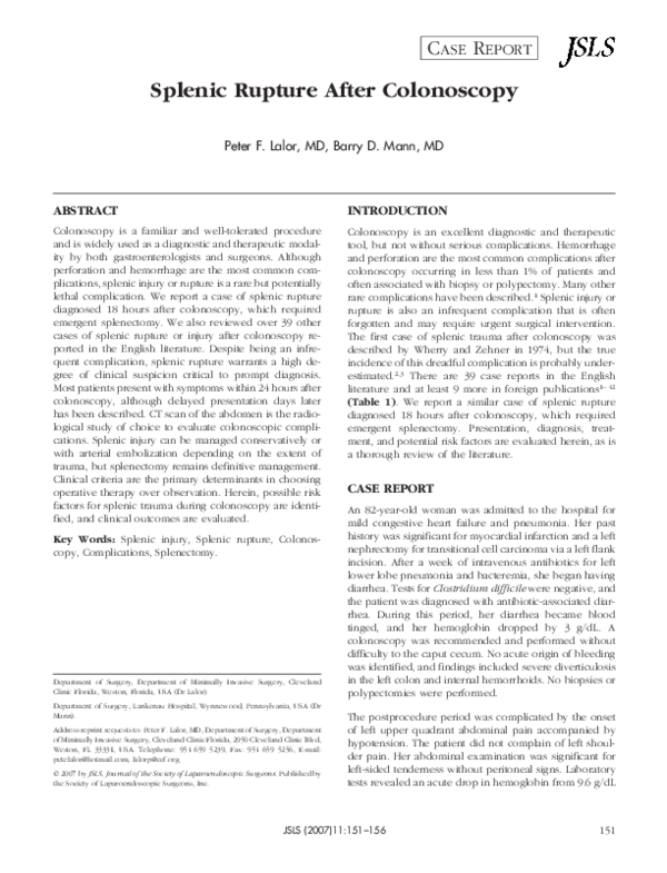 (PDF) Splenic rupture after colonoscopy | General Surgery - Academia.edu