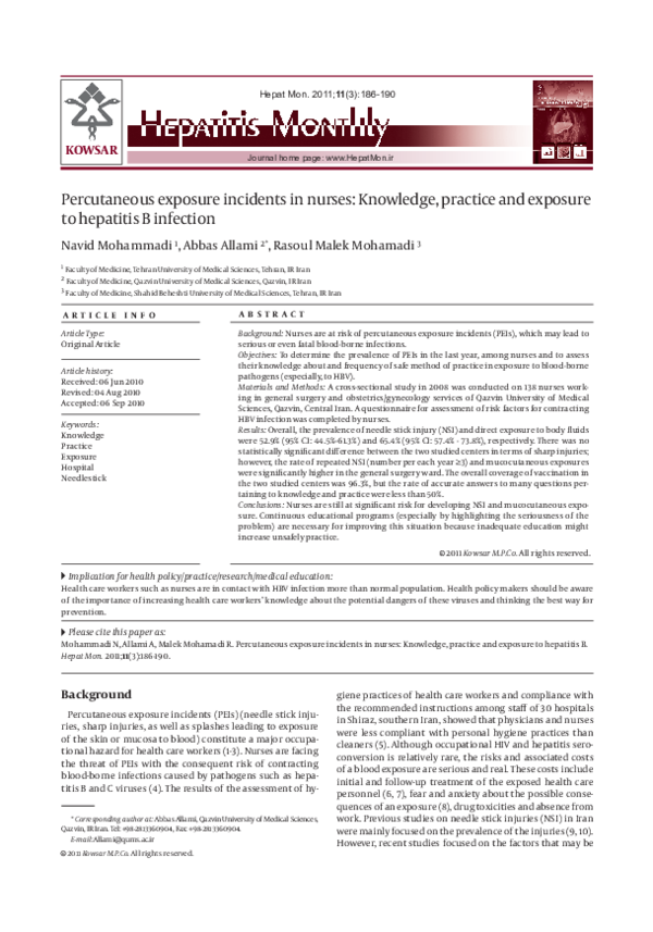 (PDF) Percutaneous exposure incidents in nurses: Knowledge, practice ...