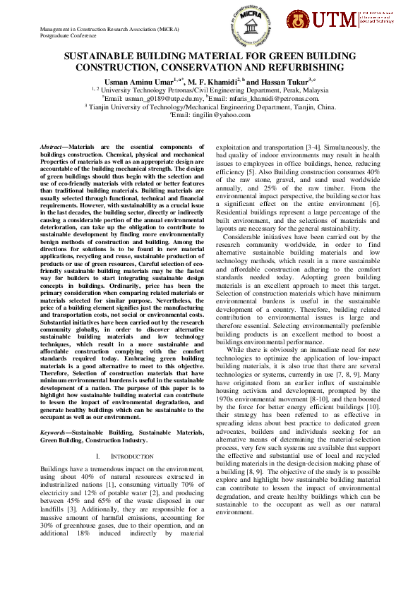 (PDF) Sustainable Building Material for Green Building Construction, Conservation and Refurbishing