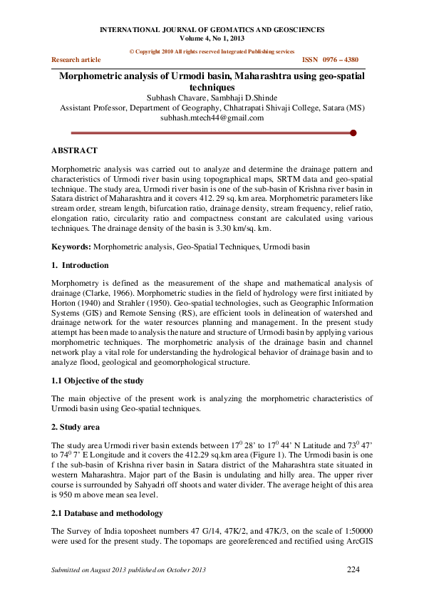 (PDF) Morphometric analysis of Urmodi basin, Maharashtra using geo ...