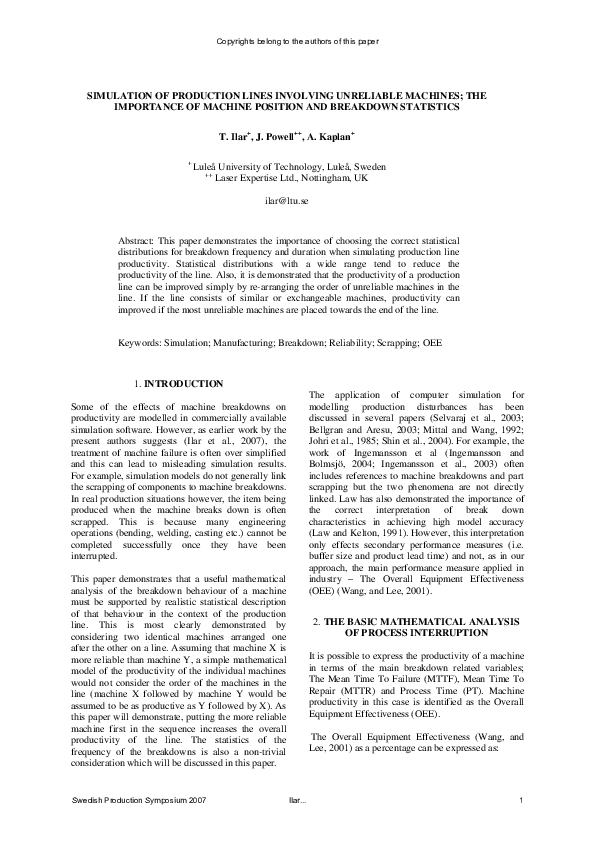 (PDF) Simulation of Production Lines Involving Unreliable Machines; the Importance of Machine ...