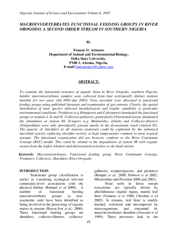 (PDF) Macroinvertebrates Functional Feeding Groups in River Orogodo, a ...