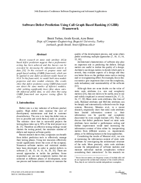 Pdf Software Defect Prediction Using Call Graph Based Ranking Cgbr Framework