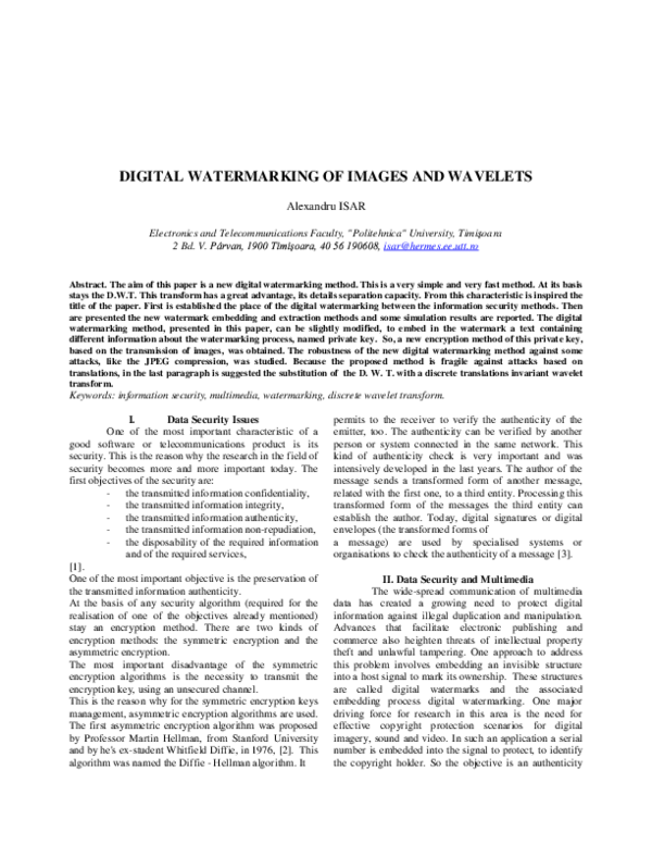 (PDF) Digital Watermarking of Images and Wavelets