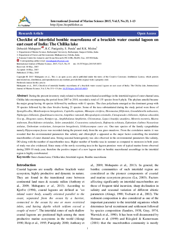 (PDF) Checklist of intertidal benthic macrofauna of a brackish water ...