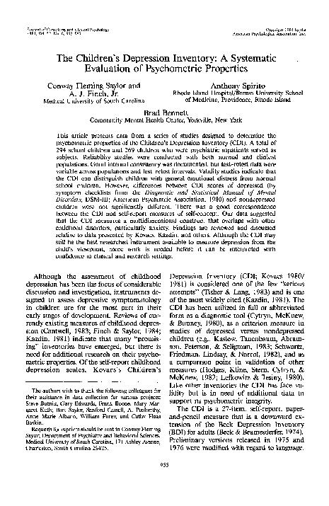 (PDF) The Children's Depression Inventory: A systematic evaluation of ...