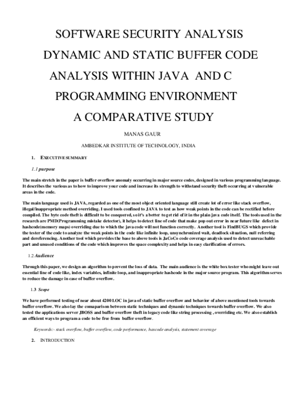 Pdf Software Security Analysis Static And Dynamic Testing In Java And C Environment A