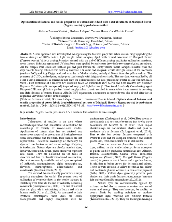 (PDF) Optimization of fastness and tensile properties of cotton fabric dyed with natural ...