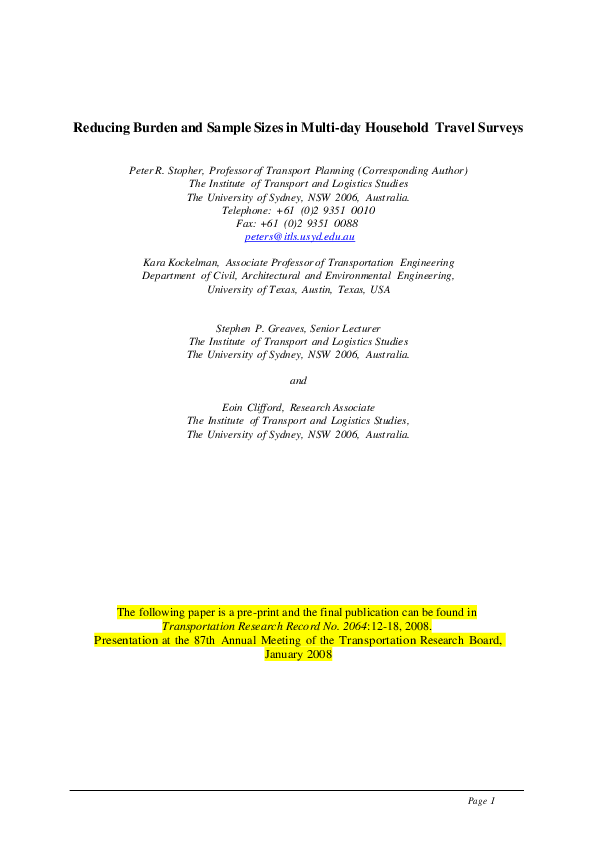 (PDF) Reducing burden and sample sizes in multiday household travel surveys