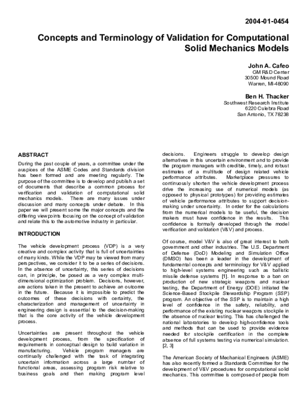 (PDF) Concepts and terminology of validation for computational solid mechanics models