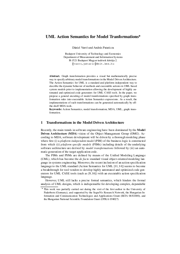 Pdf Uml Action Semantics For Model Tranformations András Pataricza 9897