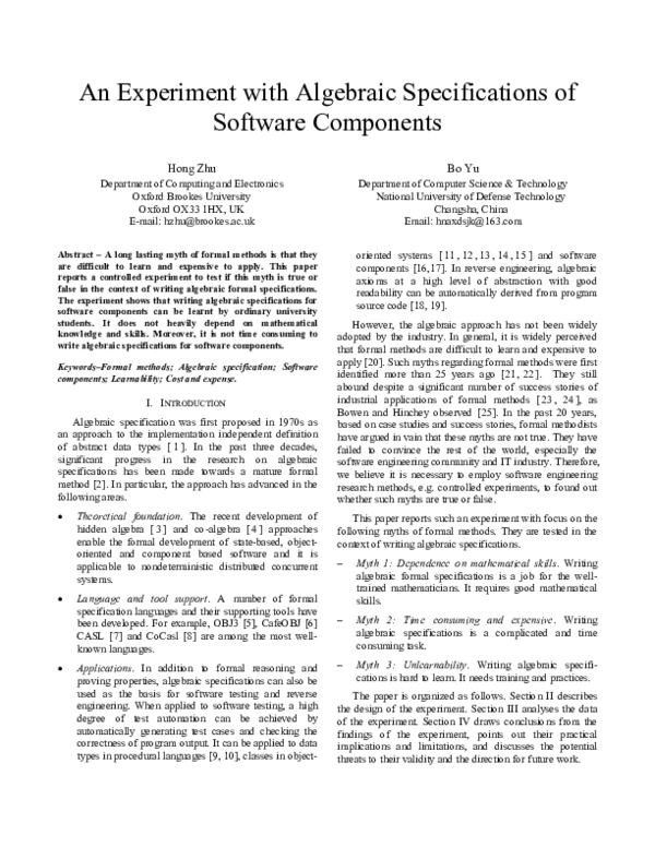Pdf An Experiment With Algebraic Specifications Of Software Components