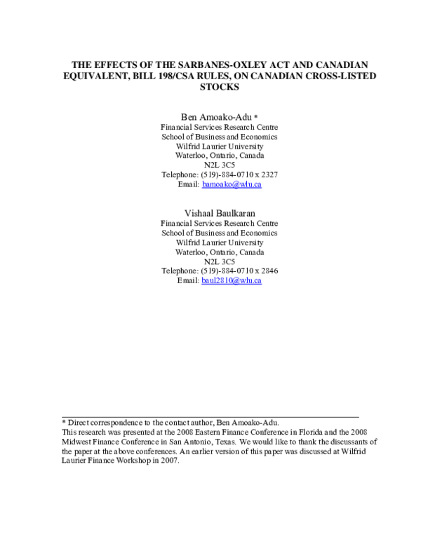 (PDF) The Effects of the Sarbanes-Oxley Act and Canadian Equivalent ...