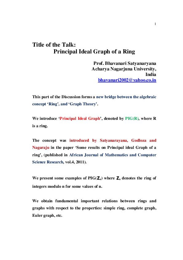 (PDF) Invited talk "A GRAPH ASSOCIATED WITH RINGS