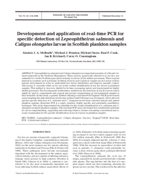 (PDF) Real-Time PCR for Detecting Sea Lice Larvae