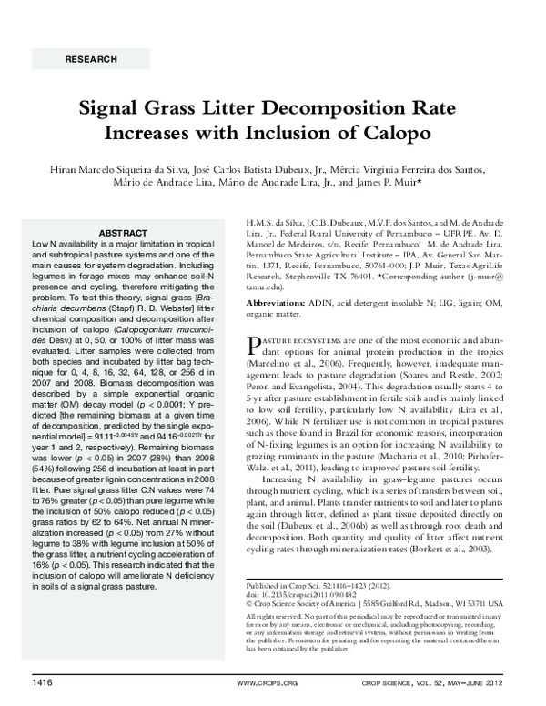 (PDF) Deposition and Decomposition of Signal Grass Pasture Litter under ...