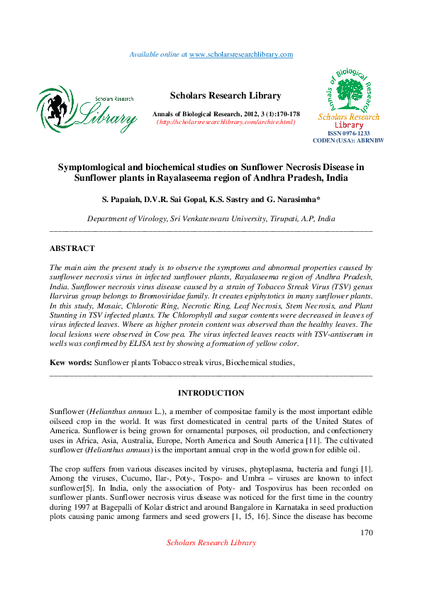 (PDF) Symptomlogical and biochemical studies on Sunflower Necrosis ...