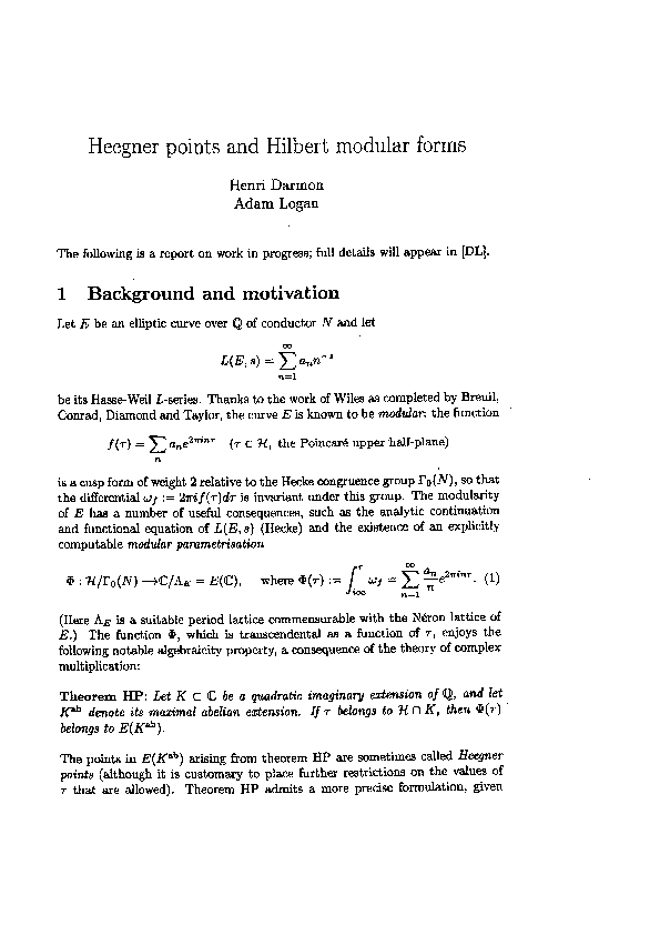 (PDF) Heegner points and Hilbert modular forms