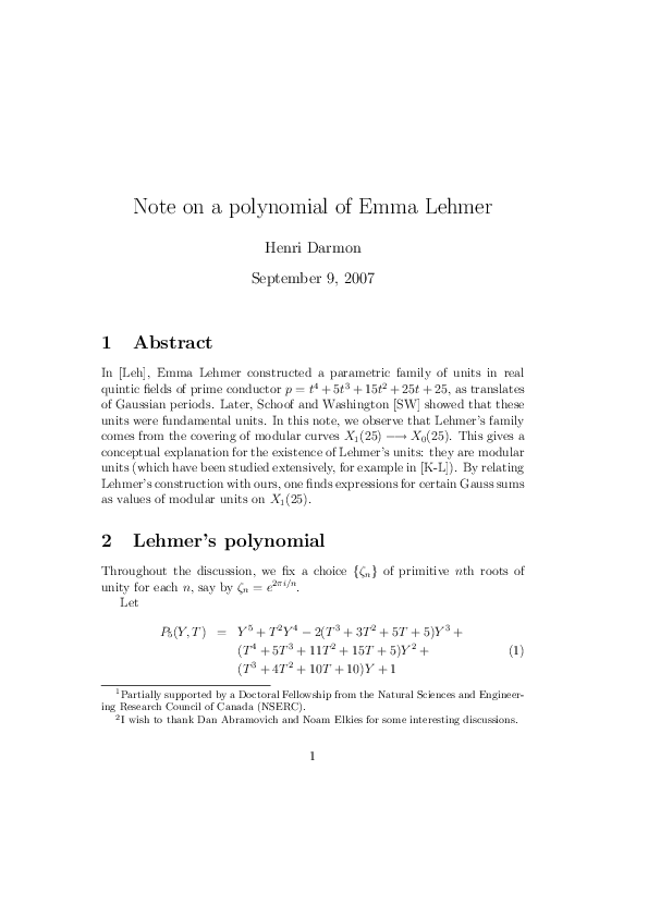 (PDF) Note on a polynomial of Emma Lehmer