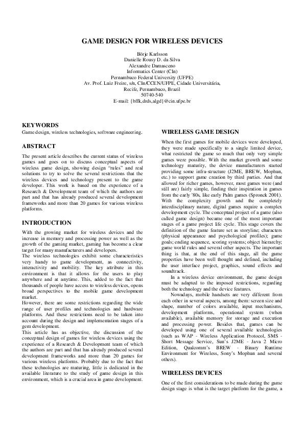 (PDF) Game Design for Wireless Devices