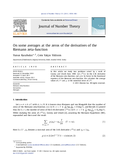 (PDF) On some averages at the zeros of the derivatives of the Riemann ...