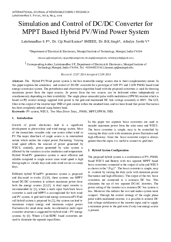 Pdf Simulation And Control Of Dc Dc Converter For Mppt Based Hybrid Pv Wind Power System