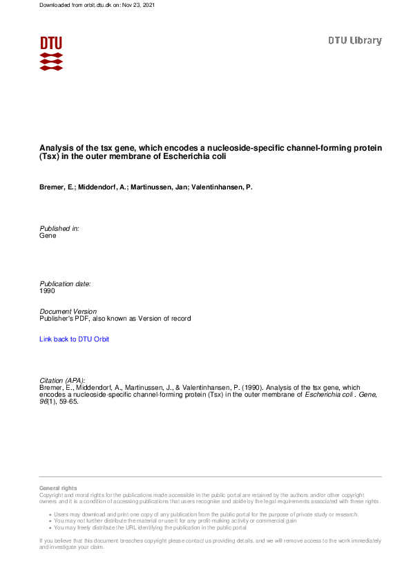 (PDF) Analysis of the tsx gene, which encodes a nucleoside-specific ...